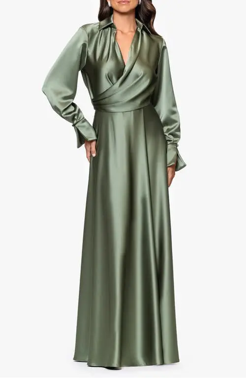 XSCAPE EVENINGS Spread Collar Long Sleeve Satin Gown
