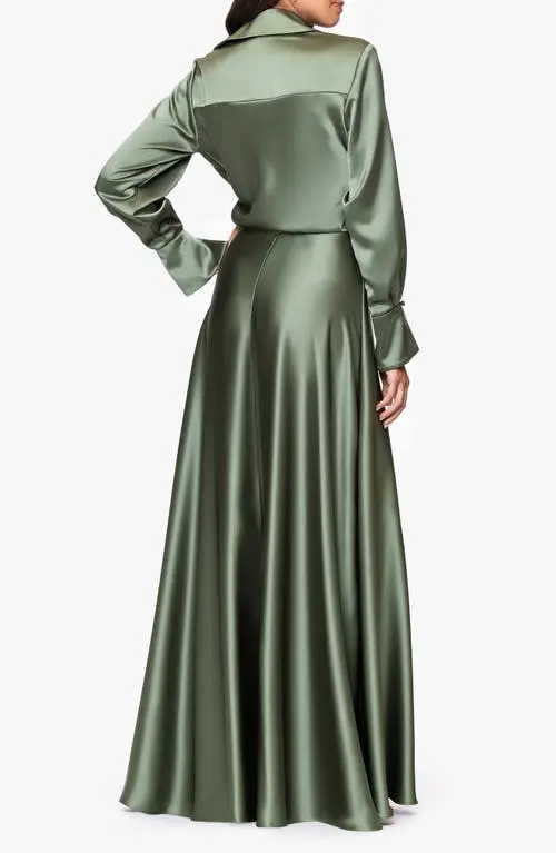 XSCAPE EVENINGS Spread Collar Long Sleeve Satin Gown