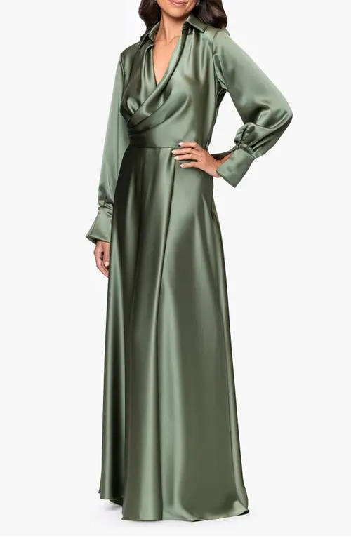 XSCAPE EVENINGS Spread Collar Long Sleeve Satin Gown