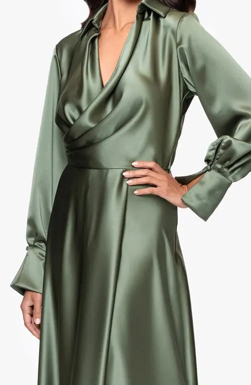 XSCAPE EVENINGS Spread Collar Long Sleeve Satin Gown