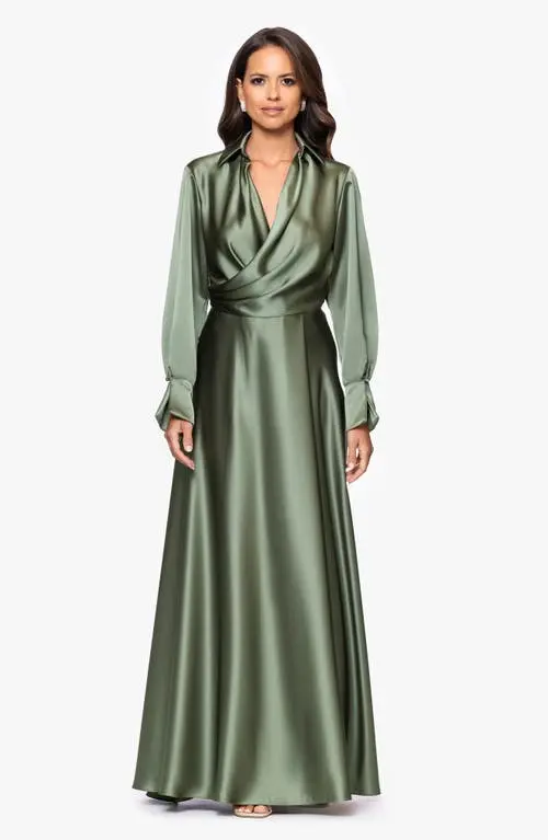XSCAPE EVENINGS Spread Collar Long Sleeve Satin Gown