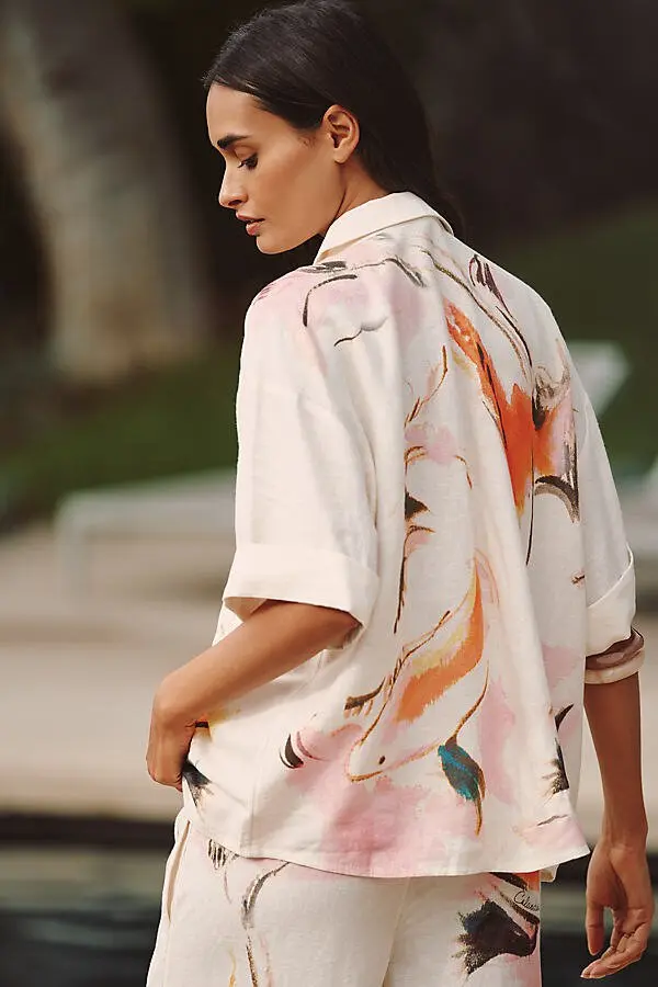 CELANDINE Linen Blend Buttondown Shirt - Pink Pattern