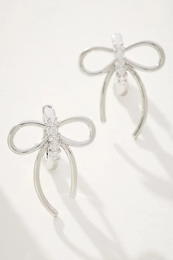 Anthropologie Pavé Bow Huggie Hoop Earrings - Silver