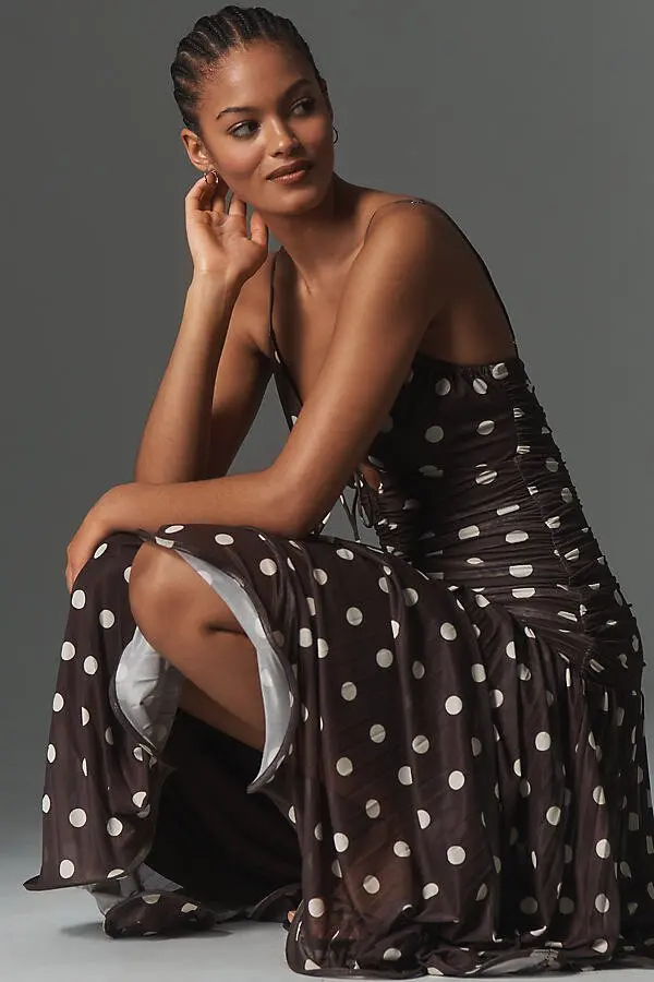 En Saison Lainey Ruched Drop-Waist Midi Dress - Brown Pattern | Editorialist