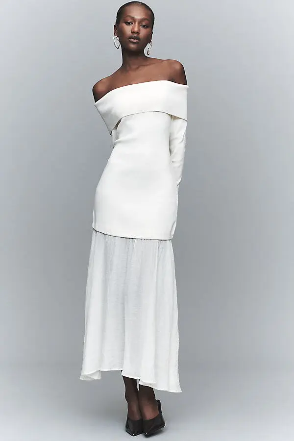 Astr The Label Lydia Off-shoulder Long-sleeve Midi Dress - Cream