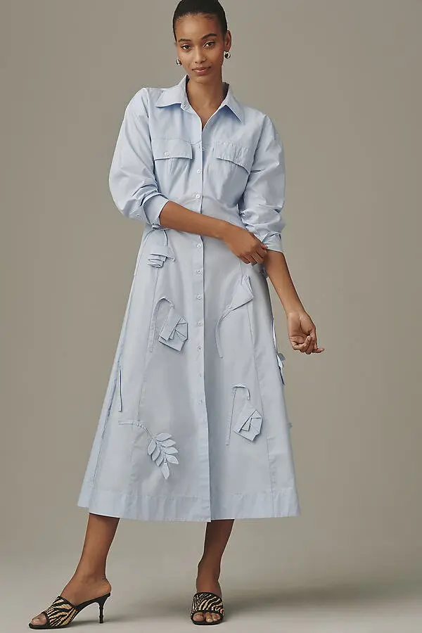 maeve button front shirt dress Maeve Shirt Dress Womens 6 Blue Geometric Button Front Belted Maxi Long  Sleeve
