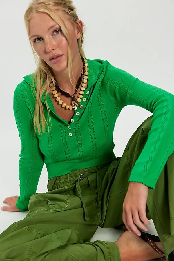 Free People Madi Pointelle Knit Polo - Kelly Green
