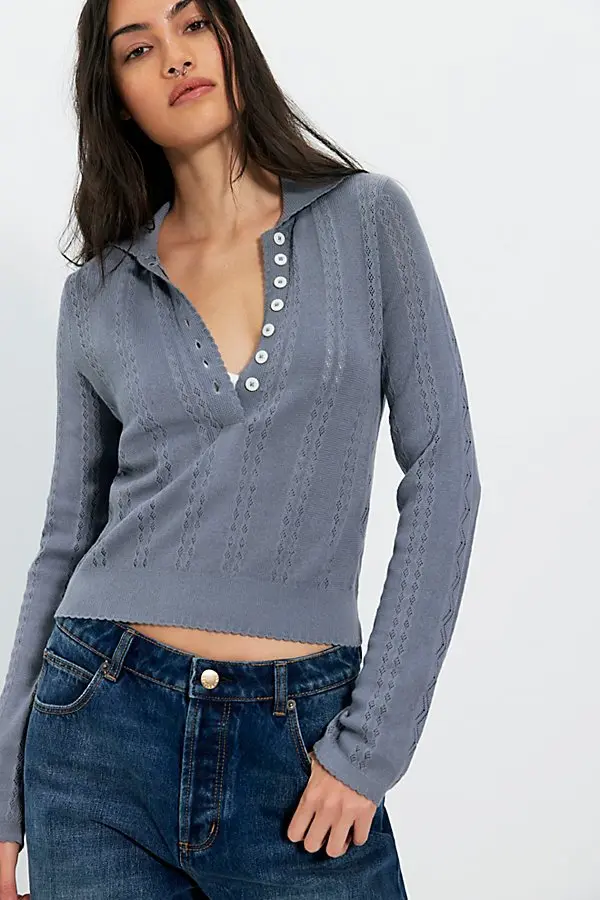 Free People Madi Pointelle Knit Polo - Nimbus