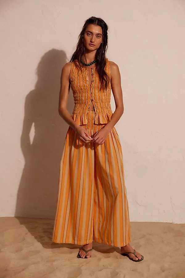 Free People Striped Top And Wide-leg Pant Set - Orange Combo