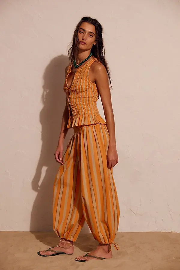 Free People Striped Top And Wide-leg Pant Set - Orange Combo