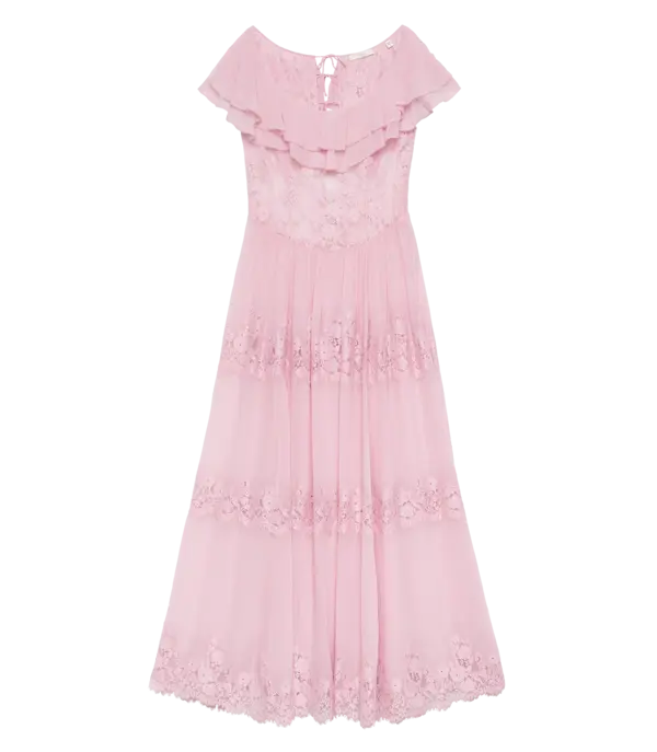 DÔEN Joyelle Silk Crinkle Chiffon Dress With Floral Lace