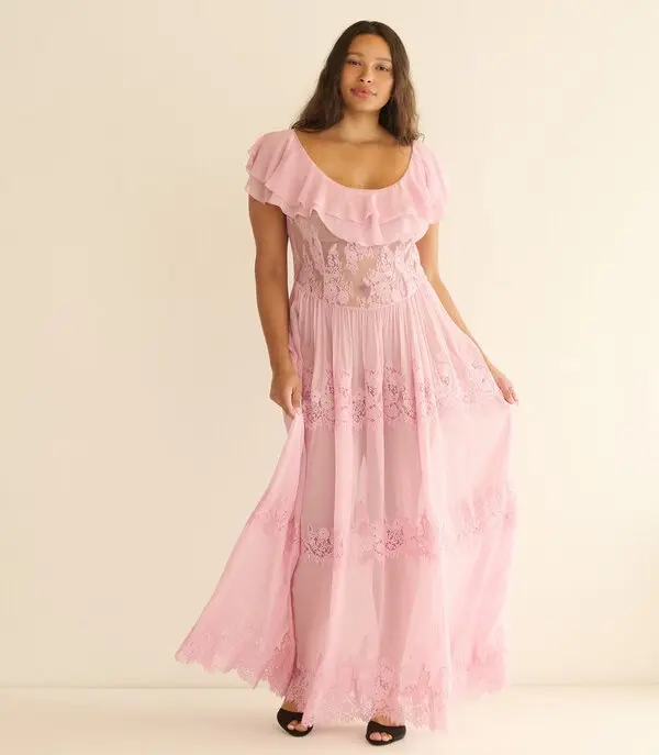 DÔEN Joyelle Silk Crinkle Chiffon Dress With Floral Lace - Pink Hydrangea