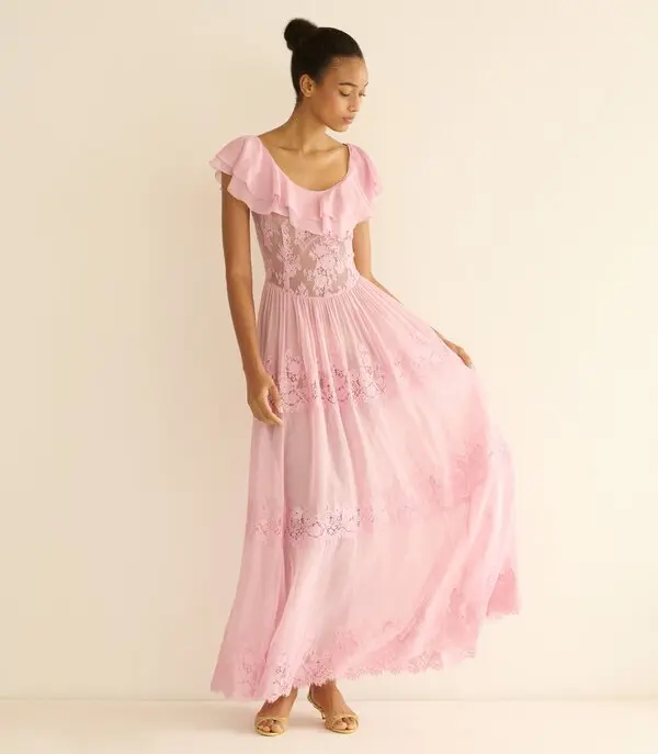 DÔEN Joyelle Silk Crinkle Chiffon Dress With Floral Lace