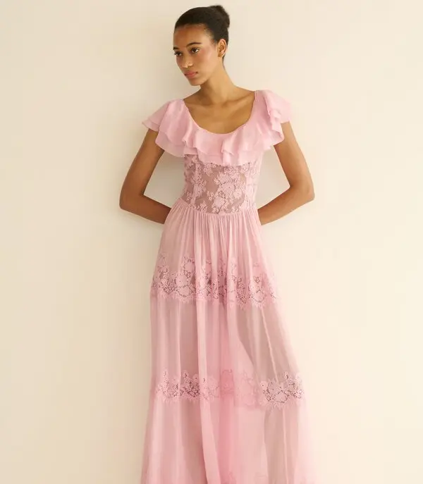 DÔEN Joyelle Silk Crinkle Chiffon Dress With Floral Lace