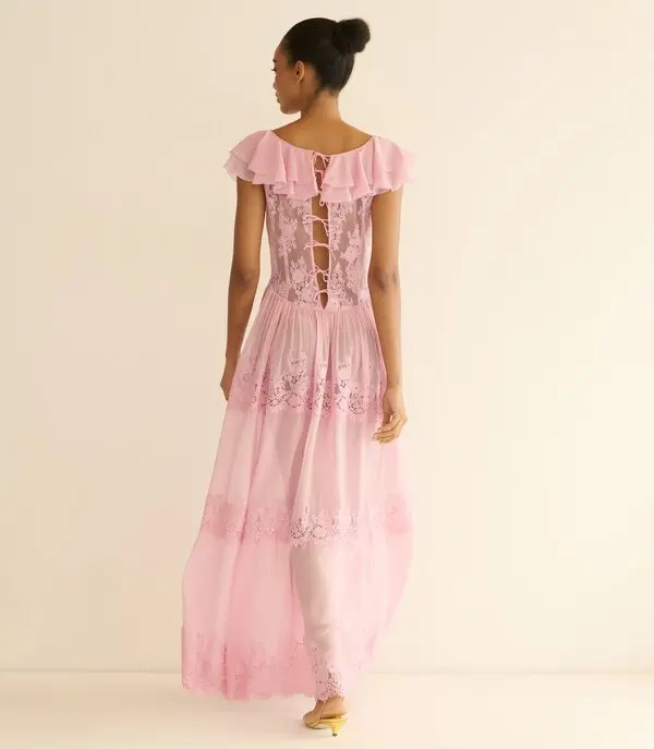 DÔEN Joyelle Silk Crinkle Chiffon Dress With Floral Lace