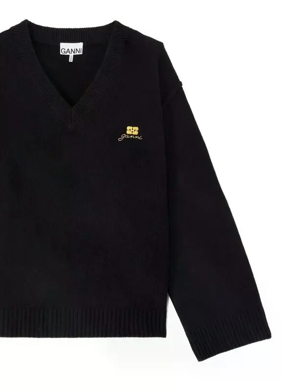GANNI V-neck Embroidered Knitwear - Black