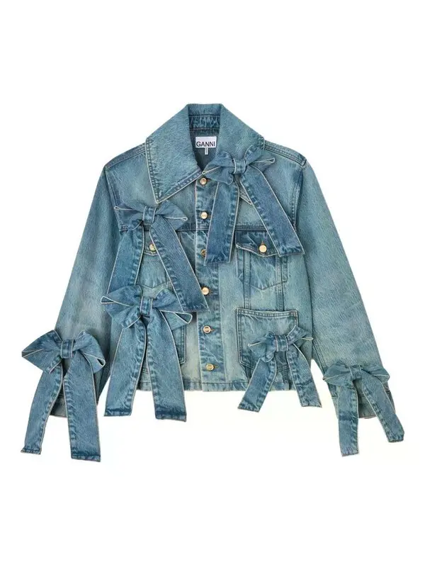 GANNI Bow-embellished Denim Jacket - Blue