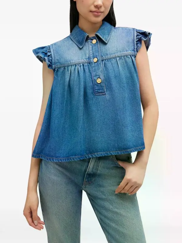 GANNI Ruffled Denim Top - Blue