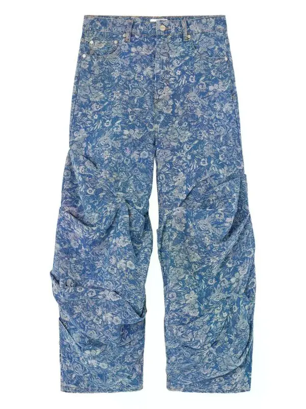 GANNI Floral-print Gathered Jeans - Blue