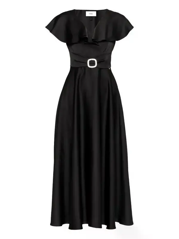 NISSA Ruffled Belted Satin Midi Dress - Black