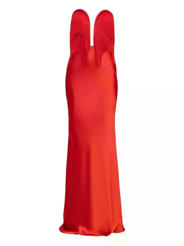 NISSA Fringe Satin Maxi Dress - Red