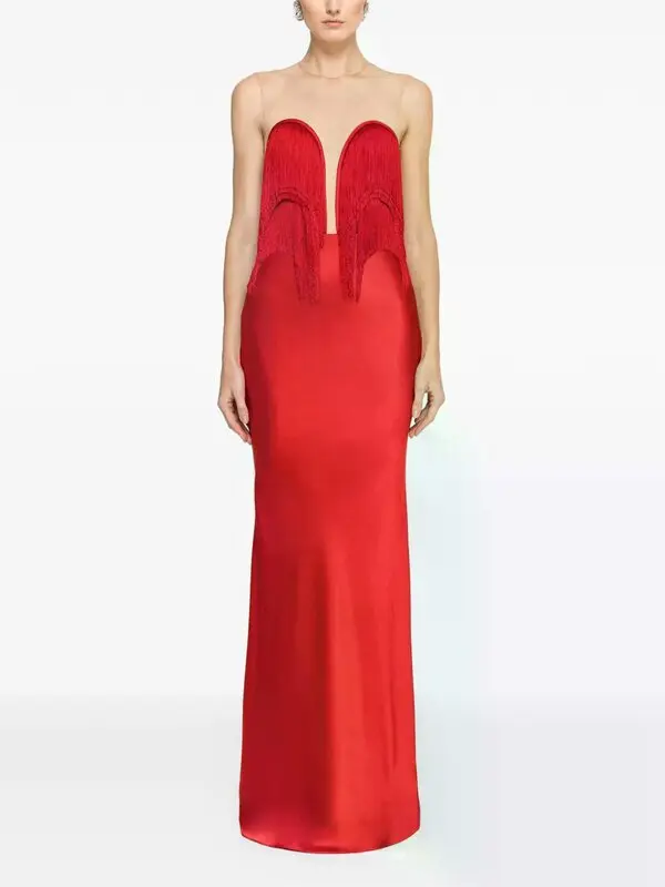 NISSA Fringe Satin Maxi Dress - Red
