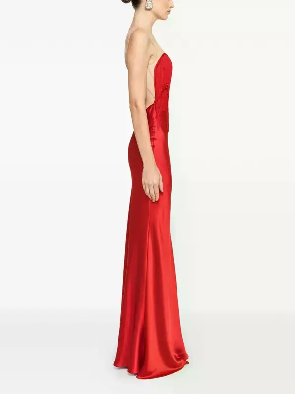 Nissa Fringe Satin Maxi Dress - Red | Editorialist