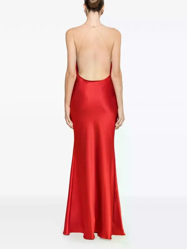 NISSA Fringe Satin Maxi Dress - Red