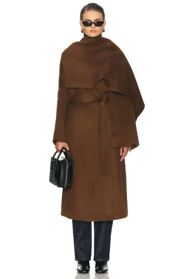 NICHOLAS Candice Scarf Double Wool Long Coat - Cacao