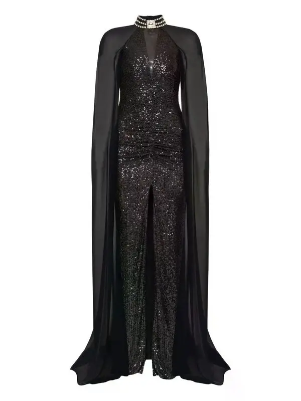 NISSA Sequin Embellished Cape Gown