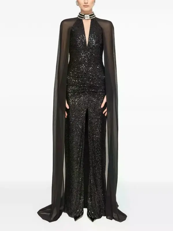 NISSA Sequin Embellished Cape Gown