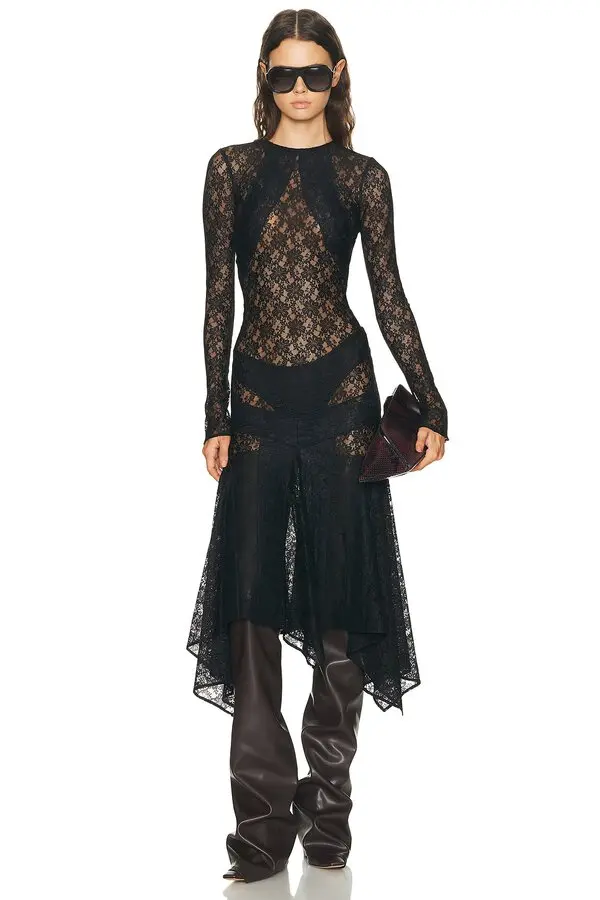 Attico Long Sleeve Lace Midi Dress - Black