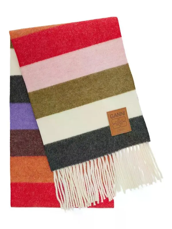 GANNI Striped Fringed Scarf - Red