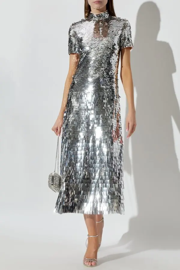 self portrait silver sequin midi dress Silver Sequin Embellished Midi Dress