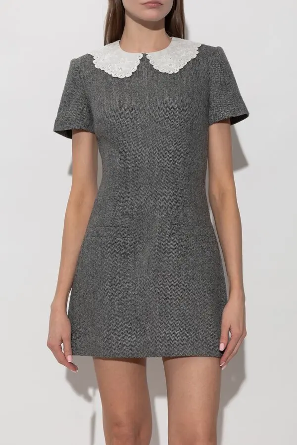SELF-PORTRAIT Herringbone Mini Dress With Embroidered Collar
