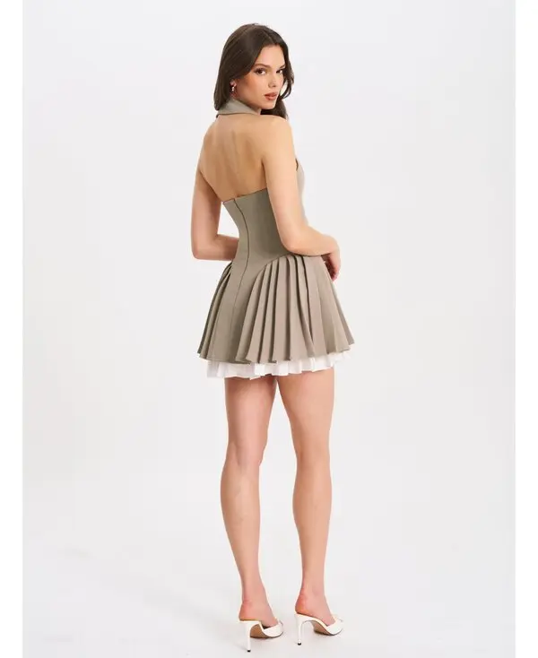 Miss Circle A-Line Halter Neck Mini Dress - Brown | Editorialist