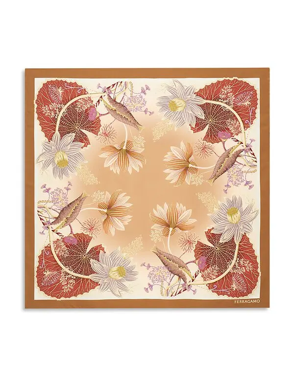 FERRAGAMO Water Lillies Square Silk Scarf - Camel