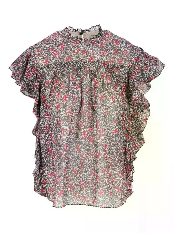 MARANT ETOILE Ruffled Floral Print Short Sleeve Top - Black