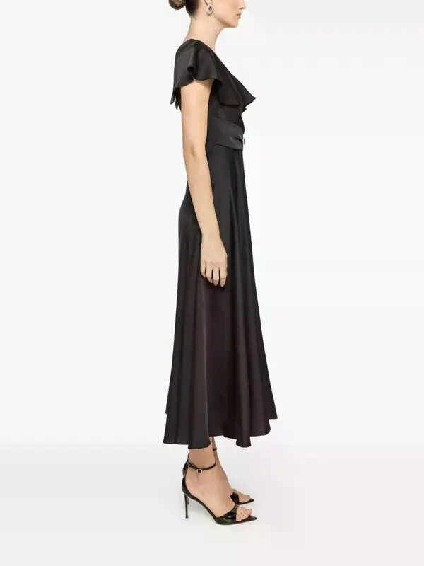 NISSA Ruffled Belted Satin Midi Dress - Black
