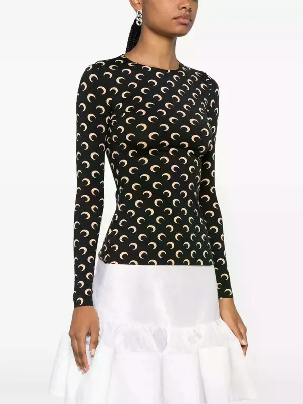 MARINE SERRE Moon Print Stretch-jersey Long Sleeve T-shirt - Black