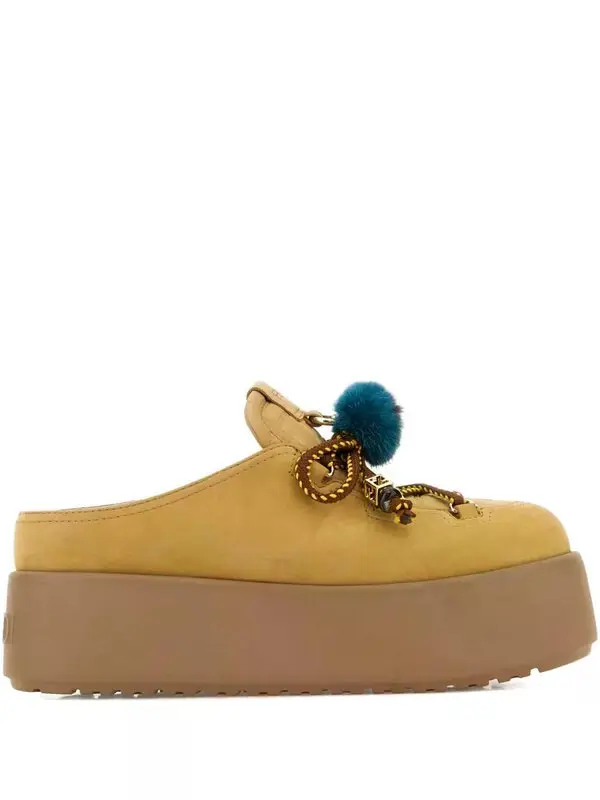 Fendi Nubuck Platform Mules With Pompom Detail