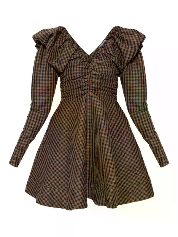 GANNI V-neck Checked Mini Dress