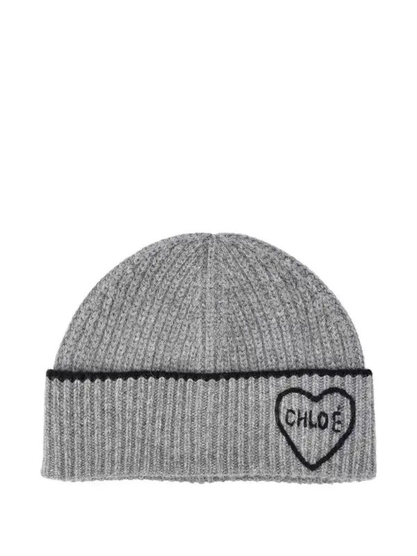Chloé Ribbed Heart-motif Beanie - Grey