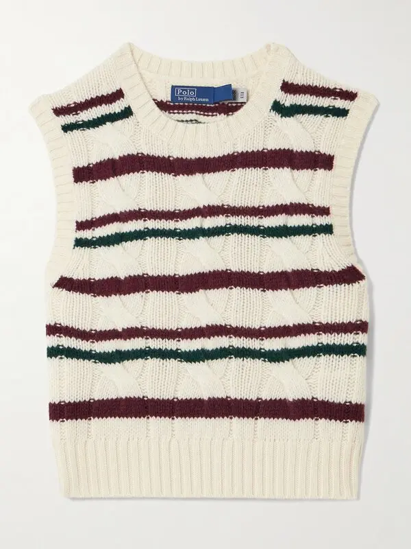 Polo Ralph Lauren Cropped Striped Cable-knit Wool And Cashmere-blend Vest - Neutrals