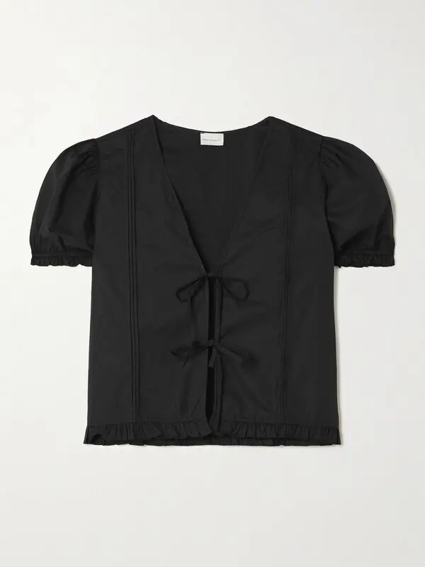 DEIJI STUDIOS Pintuck Tie-detailed Organic Cotton-poplin Top - Black
