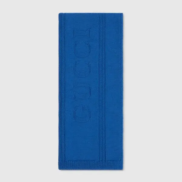 Gucci Knit Wool Scarf With Logo Wool - Blue