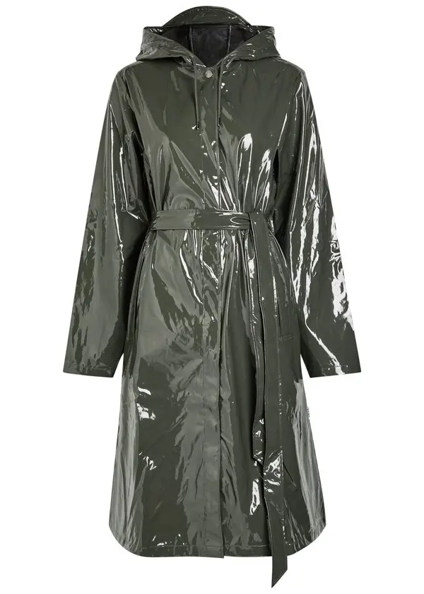 Rains Belted Hooded Longline Jacket - Dark Green