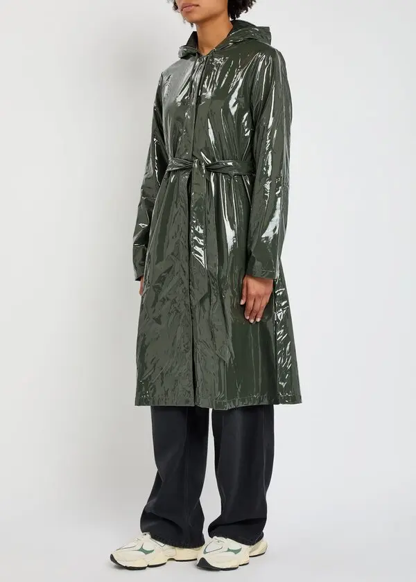 Rains Belted Hooded Longline Jacket - Dark Green