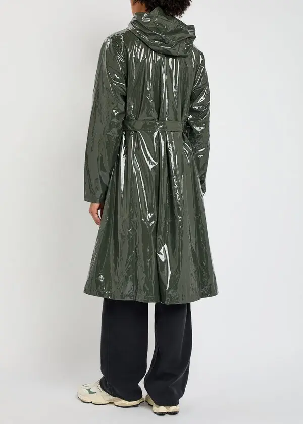 Rains Belted Hooded Longline Jacket - Dark Green
