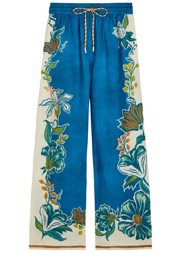 ALEMAIS Luca Floral-print Wide-leg Linen Trousers - Blue